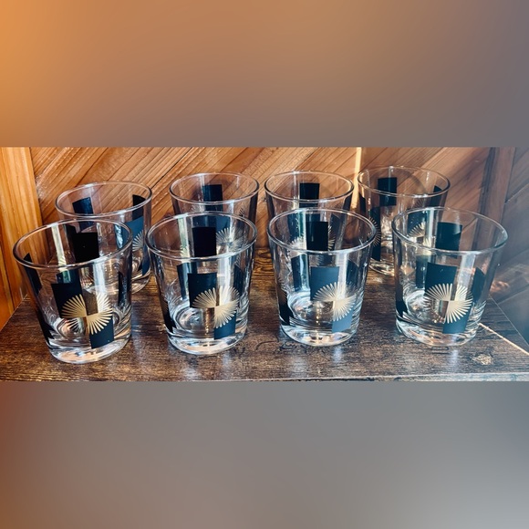 Dining | Set Of 6 Mcm Starburst Black And Gold Patterned Glasses | Poshmark